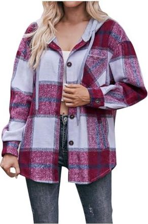 Generic Vestes pour femmes 2026 Veste &agrave; capuche en laine douce d&eacute;contract&eacute;e coupe ample &agrave; carreaux avec cordon de serrage pour lautomne boutonn&eacute; chemises &agrave; ma