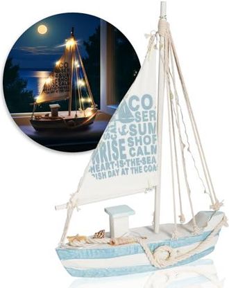 Com-Four Bateau D&eacute;coratif en Bois avec &Eacute;clairage LED - Chalutier avec Voile, Corde et Coquillages - Ornement Nautique de Table - D&eacute;coration Voilier pour Salle 