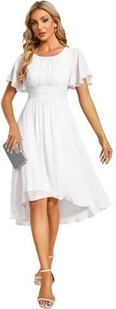 Ever-pretty Robe dInvité de Mariage Femme Longueur Manches Volantées Plissé Mousseline Au Genou Col Rond Robe de Soirée Élégante Blanc 44