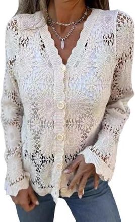 Generic Découpes brodées col en V et boutons à manches longues, pulls au crochet pour femmes, hauts et chemisiers en dentelle pour femmes, beige, 3XL