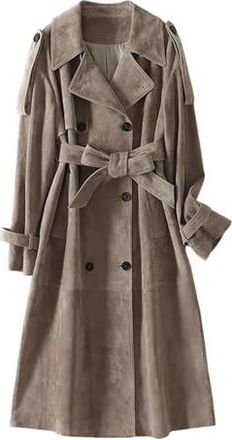 Generic Veste en daim v&eacute;ritable pour femme - Manteau dhiver &eacute;l&eacute;gant en peau de mouton marron &agrave; double boutonnage avec ceinture fine, EN8, M