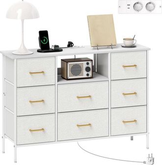 HOMCOM Commode - HOMCOM - 8 tiroirs en tissu bouclette - port USB, port TYPE-C - structure en acier - 110 x 30 x 76 cm - cr&egrave;me