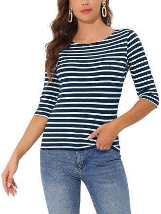Allegra K Damen-T-Shirt mit halblangen &Auml;rmeln und U-Bootausschnitt, schmale Passform, gestreiftes T-Shirt, dunkelblau, 38