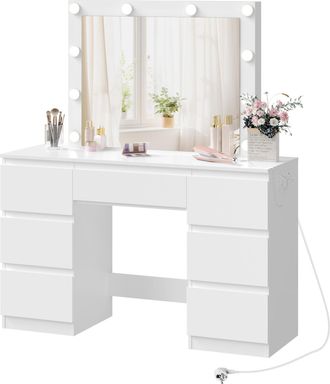 Woltu Schminktisch mit LED-Beleuchtung Steckdose Spiegel, einstellbare Helligkeit, Kosmetiktisch mit 7 Schubladen, Wei&szlig;, 110x140,5x39,5 cm, MB6124ws