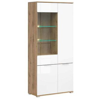 PEGANE Vitrine haute en verre tremp&eacute; &agrave; 4 portes avec &eacute;clairage LED coloris Ch&ecirc;ne wotan/Blanc brillant - Longueur 90 x Profondeur 41 x Hauteur 195 cm