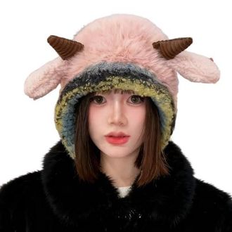 Generic Chapeau danimal en peluche - Casque doux et extensible | Chapeau tricot&eacute; avec oreilles de mouton | Pour femmes, filles, femmes, adolescents, adultes, 