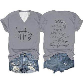 Generic T-shirt pour femme avec motif inspirant et col en V, d&eacute;contract&eacute;, manches courtes, gris, XXL