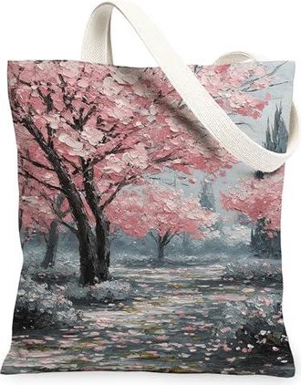 Generic Sac fourre-tout en toile motif arbre floral r&eacute;utilisable, l&eacute;ger et lavable avec bandouli&egrave;re, p&ecirc;che, 13x15 Inch