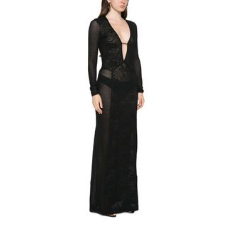 Elisabetta Franchi Femme, Robes, Noir, Taille: 40 FR Robe Longue &agrave; Manches Longues et Empi&egrave;cements en Dentelle