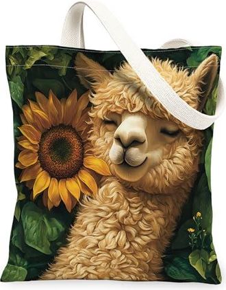 Generic Sac fourre-tout en toile dalpaga printanier pour faire du shopping, 33 x 38,1 cm, motif feuille de tournesol, animal r&eacute;utilisable, sac d&eacute;picerie pour 