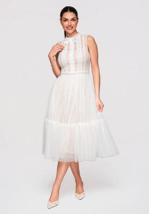 Ombre Abendkleid Damen Midi Kleid Ausgestellt Elegant Wei&szlig; S (kein Set, 1-tlg) Dekorative Schleife am Ausschnitt, Koronkowy panel