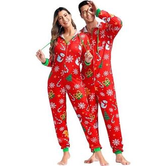 Grebrafan Pyjama No&euml;l Couple Combinaison Christmas Manches Longues Famille V&ecirc;tements de Nuit Femme Rouge Large