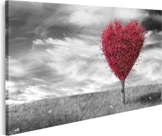 Islandburner Bild auf Leinwand Red Heart Shaped Tree On Black & White Landscaped Hintergrund Wandbild Leinwandbild Bilder für Wohnzimmer GBGV-1P