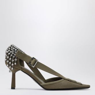 Prada Pumps aus Canvas in Milit&auml;rgr&uuml;n mit Kristallen