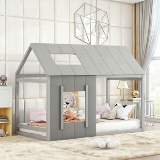 Generic Kinderbett 90x200 cm in Dunkelgrau+Hellgrau | Hausform mit Dach & Fenster | Einzelflachbett-Design | Zweifarbiges Kindermöbel