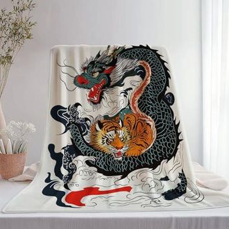 Generic Couverture en Flanelle Douce Blanc, Plaid en Polaire Dragon dart Traditionnel Chinois imprim&eacute;, pour lit Simple ou Double Poussette ou Voyage, Lavable 
