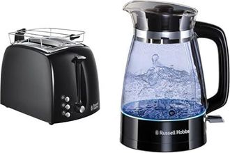 Russell Hobbs Toaster Textures+, 2 extra breite Toastschlitze, Br&ouml;tchenaufsatz, 850W, schwarz 22601-56 & Wasserkocher Glas Classic Design mit LED-Beleuchtung (1,7l,