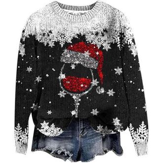 Generic Pull de No&euml;l en tricot pour femme - Pull de No&euml;l amusant - Col rond - Manches longues - Avec verre &agrave; vin rouge et flocon de neige - Motif de No&euml;l d&eacute;co