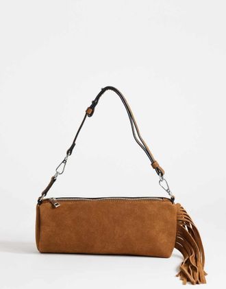 Topshop Jemma - Petit sac port&eacute; &eacute;paule en cuir v&eacute;ritable &agrave; pampilles - Fauve-Marron