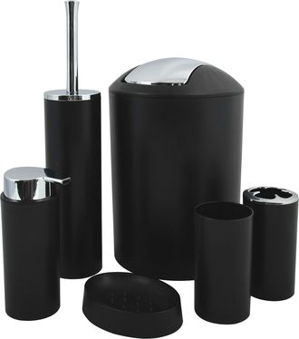 MSV Badezimmer Set, 6-teiliges Badzubehör Seifenspender, WC Bürste, Seifenschale, Kosmetikeimer und Zahnputzbecher Schwarz matt
