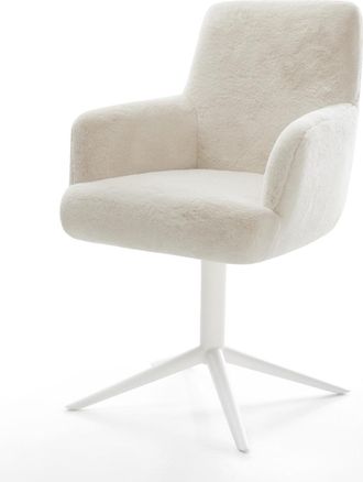 DELIFE Drehstuhl Heira-Flex mit Armlehnen Plüsch Creme-Weiß Fußkreuz Weiß 360° drehbar Wippfunktion Taschenfederkern, Esszimmerstühle