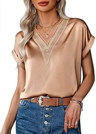 Zeagoo Chemisier pour Femme Manches Courtes Chemise à col en V Élégante Satin Tops Couleur Unie Shirt Kaki XXL
