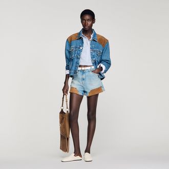Sandro Denim- und Suede-Shorts mit Nieten