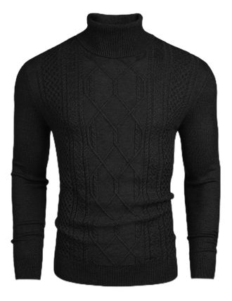 Coofandy Pullover Herren Strick Rollkragenpullover Slim Fit Winterpullover M&auml;nner Warm Zopfmuster Feinstrickpullover mit Kragen Schwarz XXL