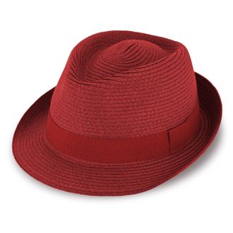 Fiebig Jackson Trilby Papierhut mit farbigem Ripsband | Sonnenhut aus 100% Papier | Natur Sommerhut (61-XL, Rot)