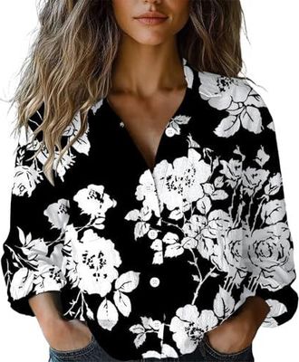 Generico Chemise Femme D&eacute;contract&eacute;e &agrave; Manches Longues Blouse Coton Et Lin &Eacute;l&eacute;gant Respirant T Shirt Col en V Classique Chemisier Vintage Imprim&eacute; avec Boutons D