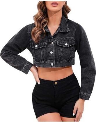 Generic Vestes en jean stretch pour femme 2026, Noir, XS