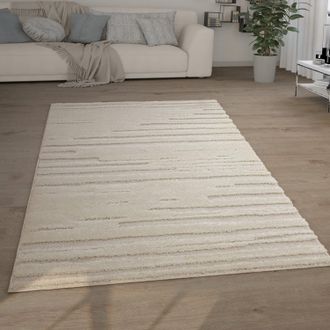 Paco Home Hochflor Teppich Wohnzimmer Shaggy 3D Optik Ethno Boho Vintage Look Weich, Gr&ouml;sse:80x150 cm, Farbe:Creme 2