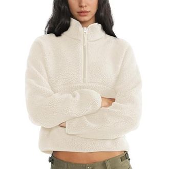 Generic Pull court avec demi-fermeture &eacute;clair pour femme - Veste polaire Sherpa - Jolies vestes dhiver avec poches, beige, XXL