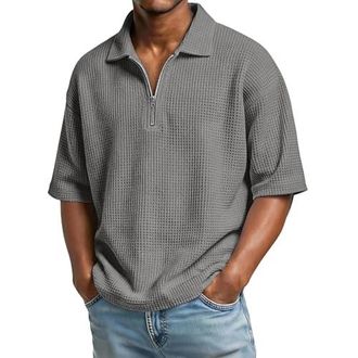 Generic Polo de sport pour homme avec fermeture &eacute;clair quart de fermeture &eacute;clair - Couleur unie - Haut gaufr&eacute; uni - T-shirt de sport &agrave; manches courtes - T-shi
