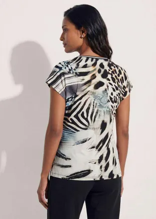 Madeleine Kurzarmshirt Rundhals-Shirt mit Animal-Print L&auml;ssig &uuml;berschnittene Schultern & gerader Saum