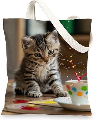 Generic Sacs fourre-tout en toile avec motif chat mignon, sacs à provisions réutilisables, amusants et ludiques, légers et lavables avec bandoulière Ca, blanc