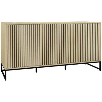 Sweeek Buffet style contemporain avec 3 portes effet bois rainur&eacute; ouverture par pression. buffet bas. pi&egrave;tement en m&eacute;tal noir L160cm