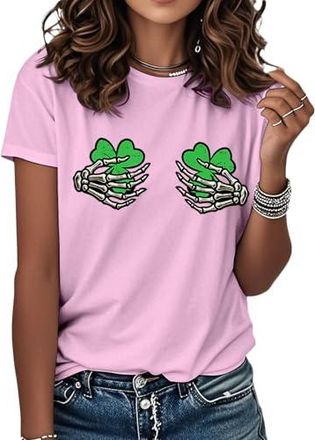 Generic T-shirts pour la Saint-Patrick pour femmes - Tr&egrave;fle squelette - T-shirts d&eacute;contract&eacute;s &agrave; col rond pour l&eacute;t&eacute; - pour les voyages, rose clair, XXL