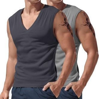 Generic Lot de 2 maillots de corps pour homme - Col en V - Couleur unie - Sans manches - D&eacute;contract&eacute; - D&eacute;bardeur de course - Coupe ajust&eacute;e - Respirant - Gilet