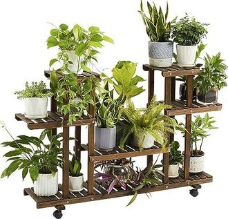 Yaheetech Étagère à Fleurs en Bois Porte Pots de Plante Fleurs avec 6 Tablettes Support à Roulettes pour intérieur et Balcon 124 x 33 x 80 cm
