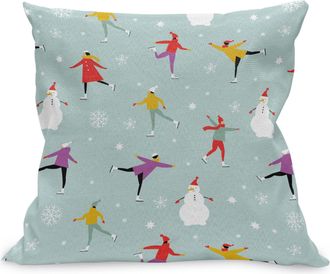 Abakuhaus Schlittschuhe Kissenbezug, Frohe Weihnachten Theme mit menschlichen Figuren und Pretty Schneeflocken, Kissenhülle mit Reißverschluss Beidseitiger Druc