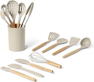 Amazon Basics Silikon-Kochutensilien-Set mit Holzgriff, 14-Teiliges Set, BPA-frei, inklusive Utensilienhalter, Leinengrau
