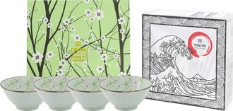 Tokyo Design Studio Green Cosmos 4 Schalen-Set gr&uuml;n-wei&szlig;, &Oslash; 13 cm, ca. 350 ml, asiatisches Porzellan, inkl. Geschenk-Verpackung und exklusiven Servietten