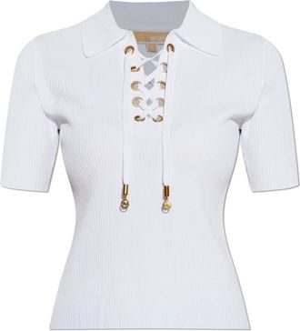 Michael Kors Femme, Tops, Blanc, Taille: 38 FR Polo Top Bord C&ocirc;te Stretch Viscose &agrave; Lacets
