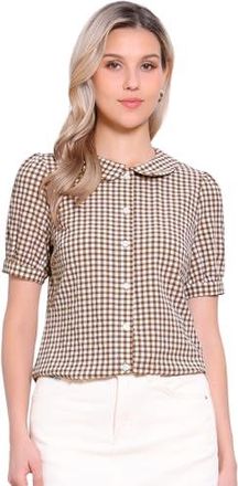 Allegra K Chemisier &agrave; Carreaux pour Femme &agrave; Manches Courtes et col Claudine Marron fonc&eacute; et Blanc XL