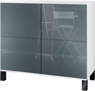 Vladon Kommode Rova V3, Moderner Küchenschrank mit 4 Push-to-Open Türen Weiß matt/Grau Hochglanz (92,5 x 84.5 x 35)
