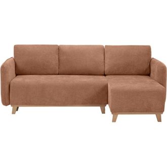 Miliboo Schlaf-Ecksofa modulierbar terracottafarbener Stoff mit Velours-Effekt und helles Holz 3-4 Sitzer ROMANE