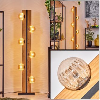 HOFSTEIN Stehleuchte Chehalis, 6-flammige Stehlampe aus Holz/Metall/Riffelglas in Natur/Schwarz/Bernstein, Leuchte im Retro-Design, 120 cm, G9, Fußschalter - W