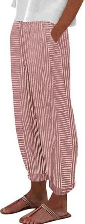 Generic Pantalon en lin ray&eacute; pour femme, pantalon en coton et lin pour femme, taille &eacute;lastique, pantalon ample d&eacute;t&eacute;, pantalon palazzo l&eacute;ger &agrave; rayures, pantalo
