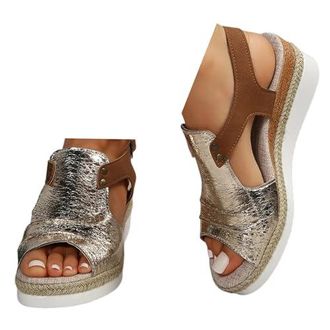 Generic Sandales compens&eacute;es orthop&eacute;diques pour femme avec sangle de cheville - Soutien de la vo&ucirc;te plantaire - Chaussures &agrave; bout ouvert - Espadrilles &agrave; talon 